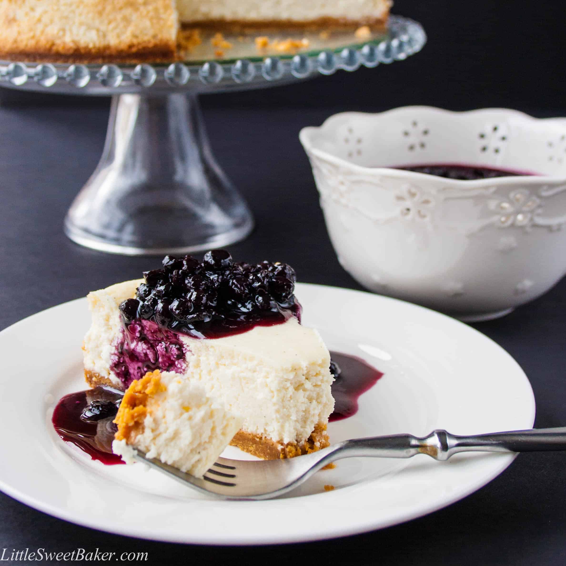 Low-Fat Vanilla Bean Cheesecake with Blueberry Compote