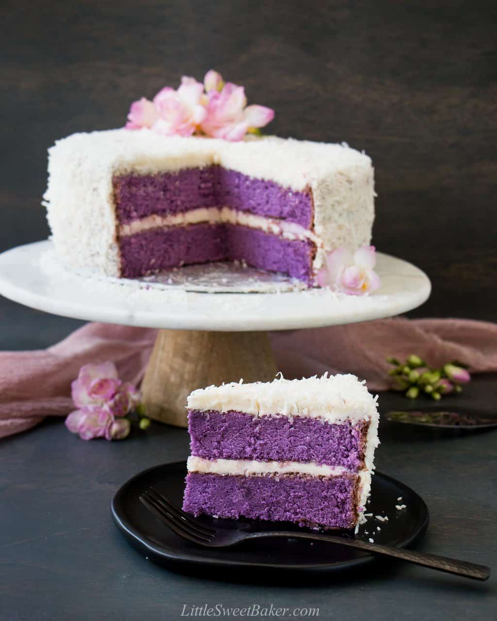 Ube Cake with Coconut Frosting - Little Sweet Baker